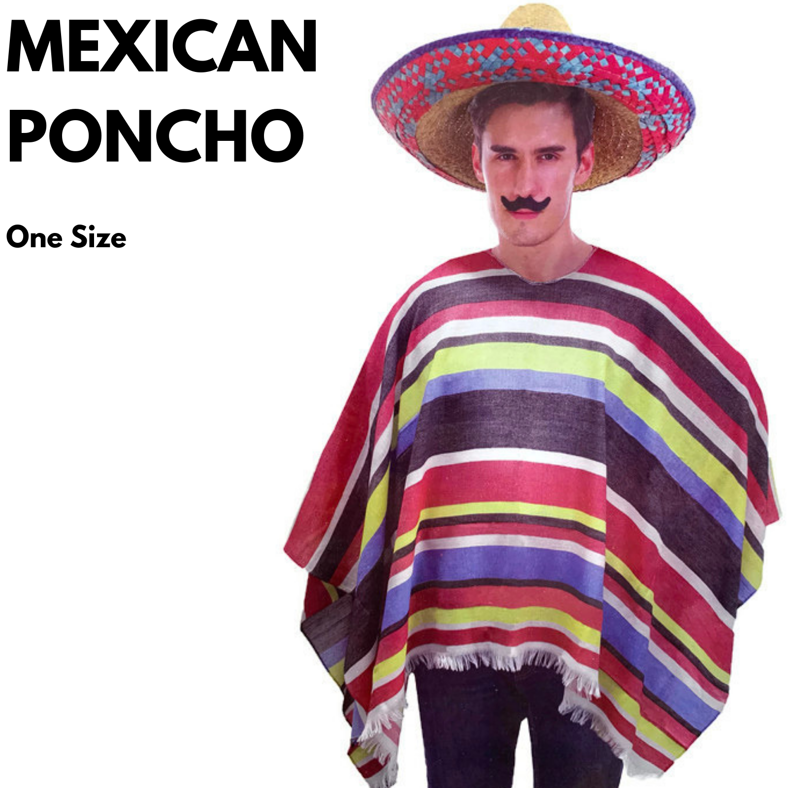 Mens MEXICAN PONCHO Spanish Costume Wild West Cowboy Party Bandit Fies ...